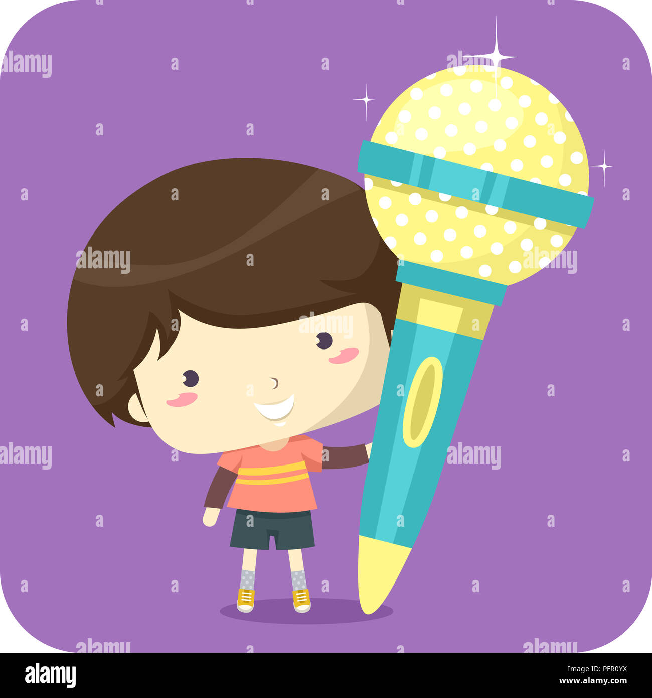 Illustration of a Kid Boy Holding a Big Microphone Stock Photo - Alamy