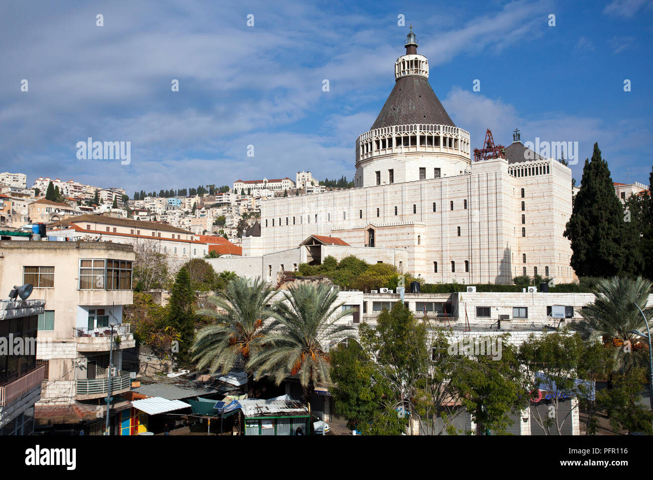 Israel, Nazareth, Basilica of the Annunciation, view of the city with ...