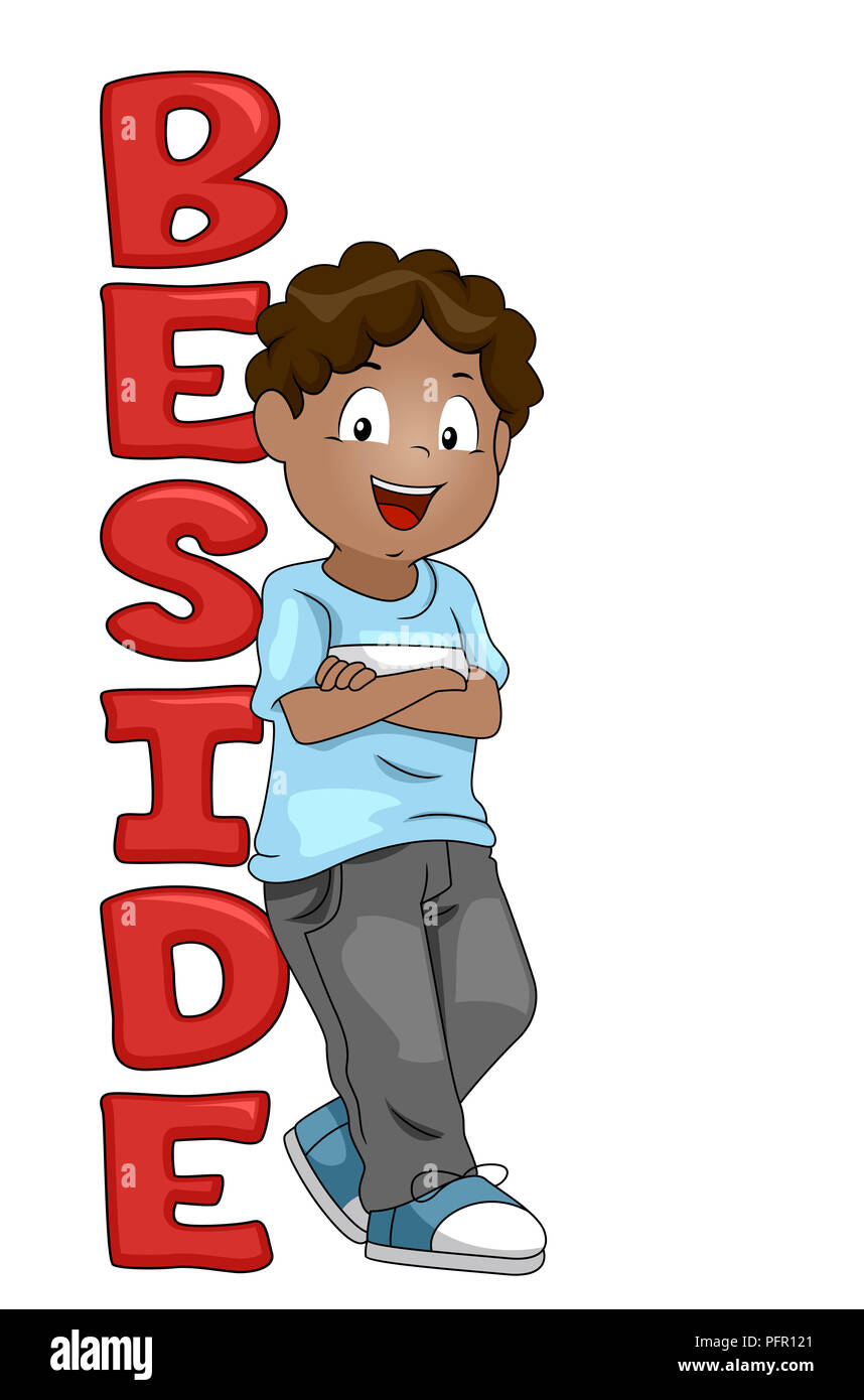Illustration of a Kid Boy Standing Beside a Beside Word or Lettering ...
