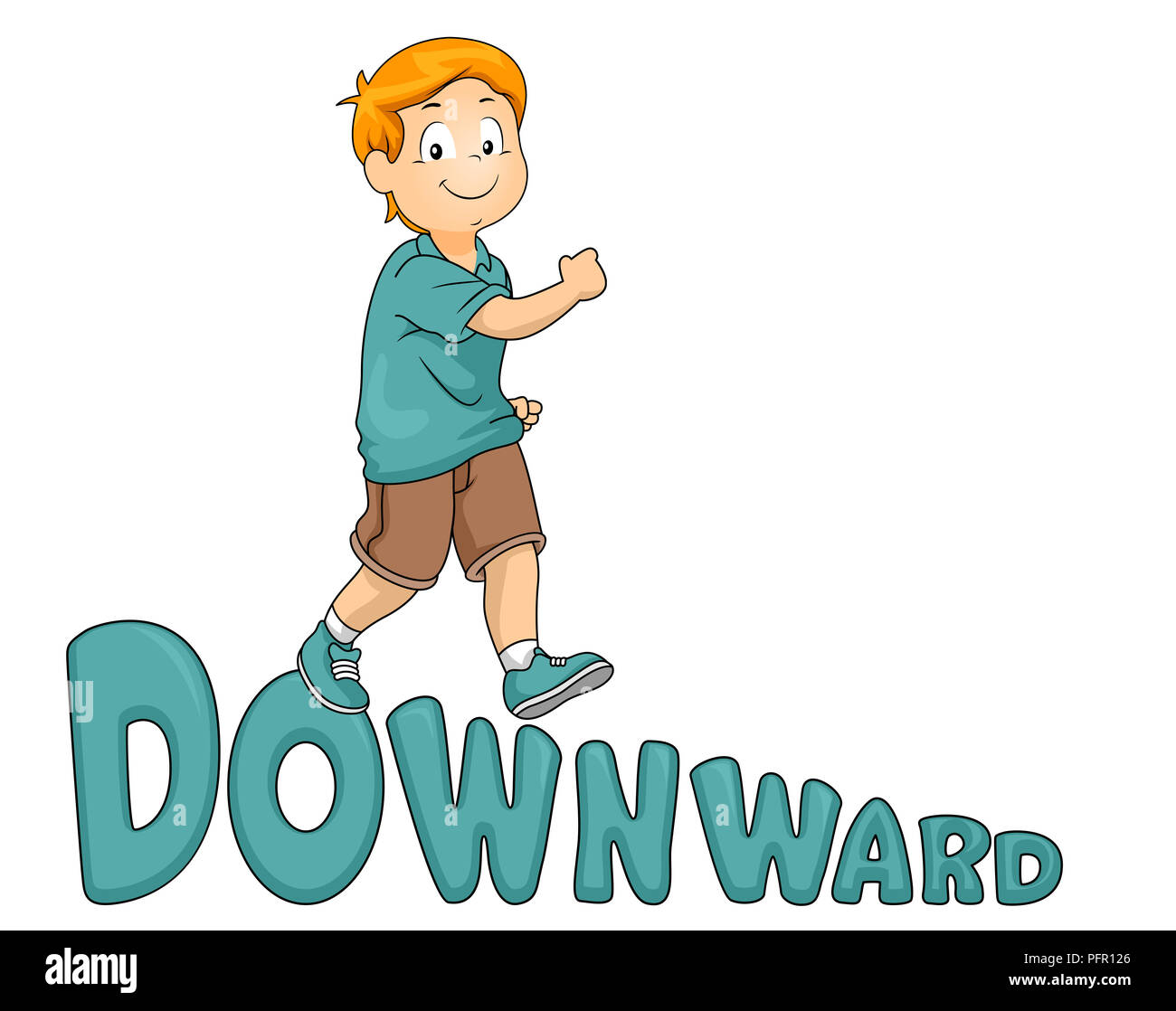 Illustration of a Kid Boy Going Down, Walking on a Downward Word or ...