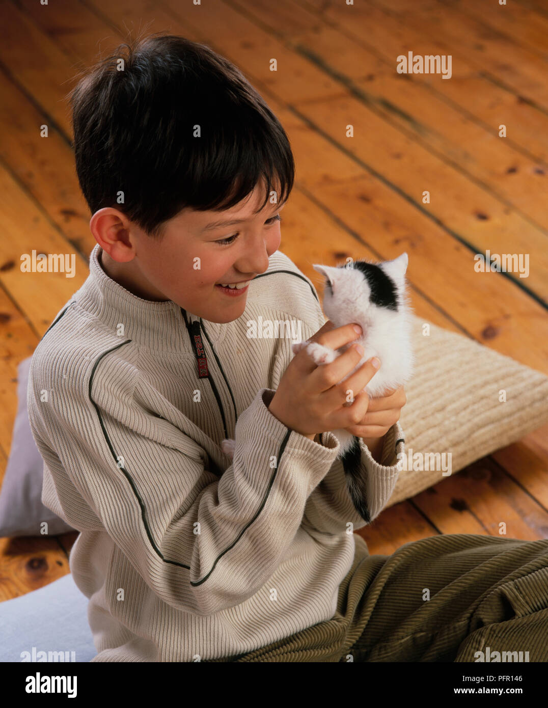 Boy holding a small kitten in his hands Stock Photo - Alamy