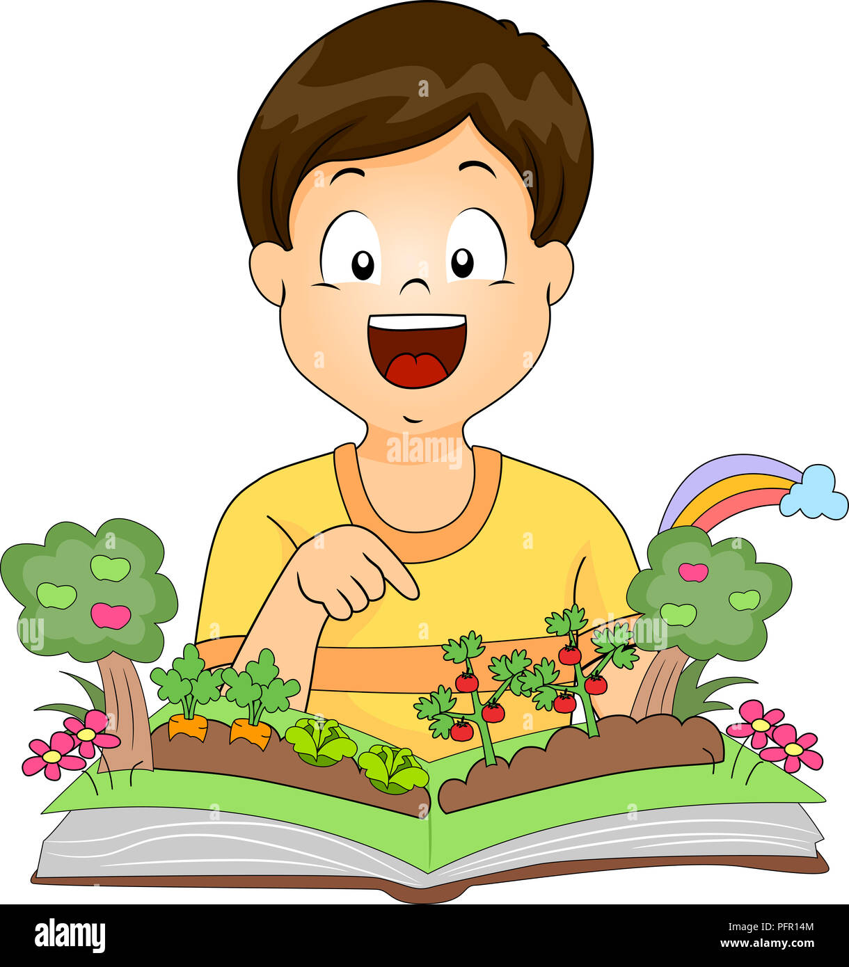 Illustration of a Kid Boy Pointing to Tomato Plants on a Garden Pop Up ...