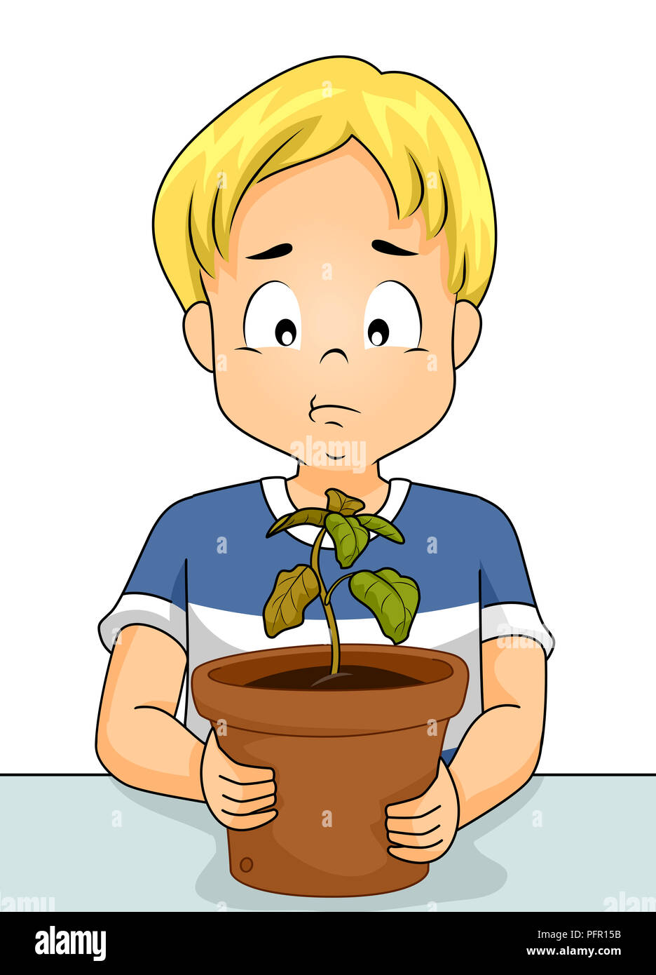 Illustration of a Sad Kid Boy Holding a Pot of a Drying Plant Stock ...