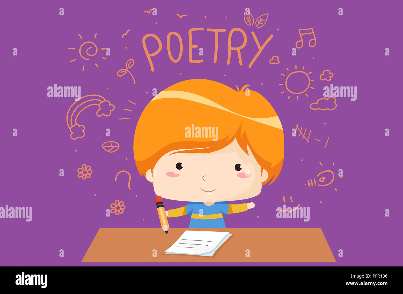 Illustration of a Kid Boy Holding a Pencil with Paper Writing Poetry ...