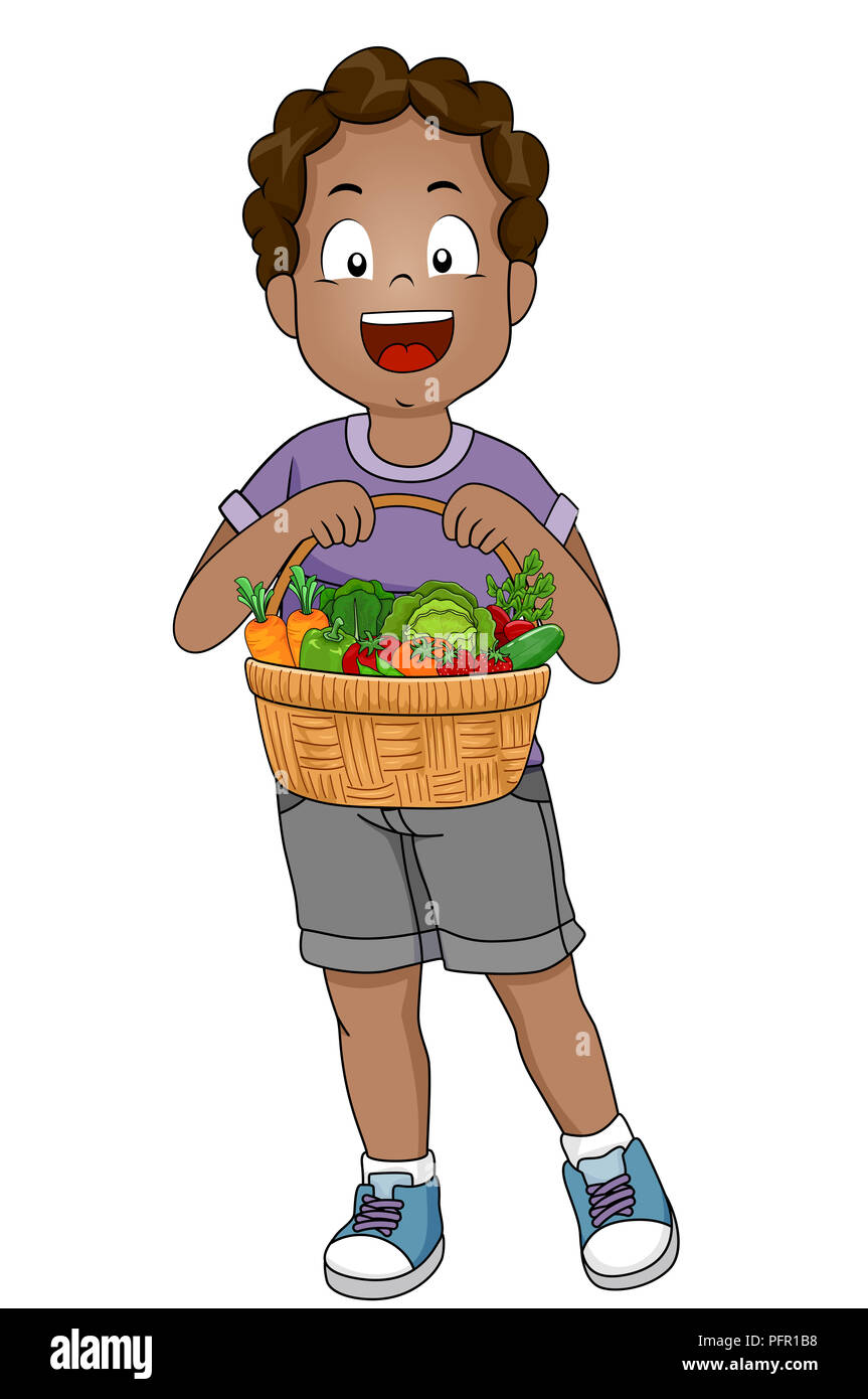 Illustration of a Kid Boy Holding a Basket Full of Vegetables with ...
