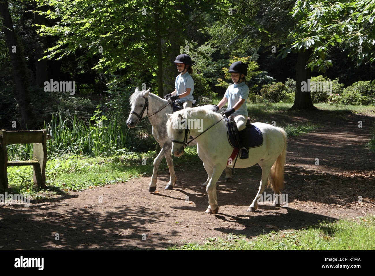 Two children riding white ponies along woodland path Stock Photo - Alamy