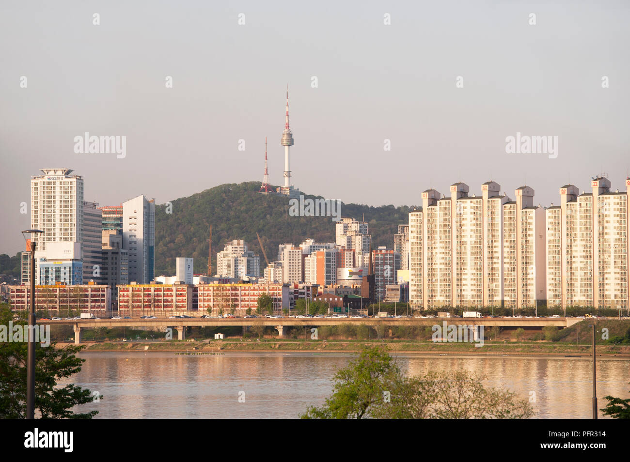 South Korea, Seoul, view of river and N Seoul tower (Namsan Tower) from ...