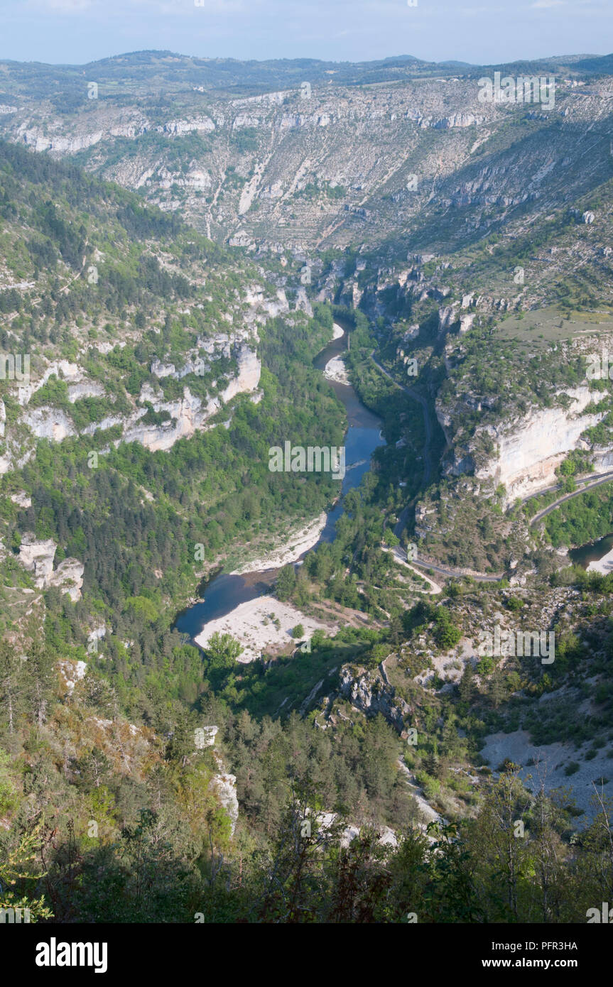 France, Gorges du Tarn, Tarn River winding through limestone canyon ...