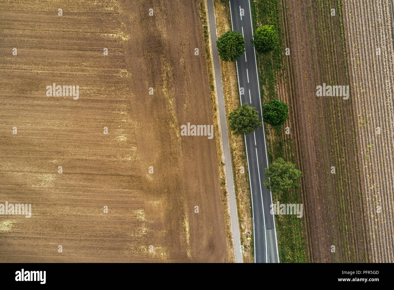 Abstract vertical aerial view of a narrow country road at the edge of ...