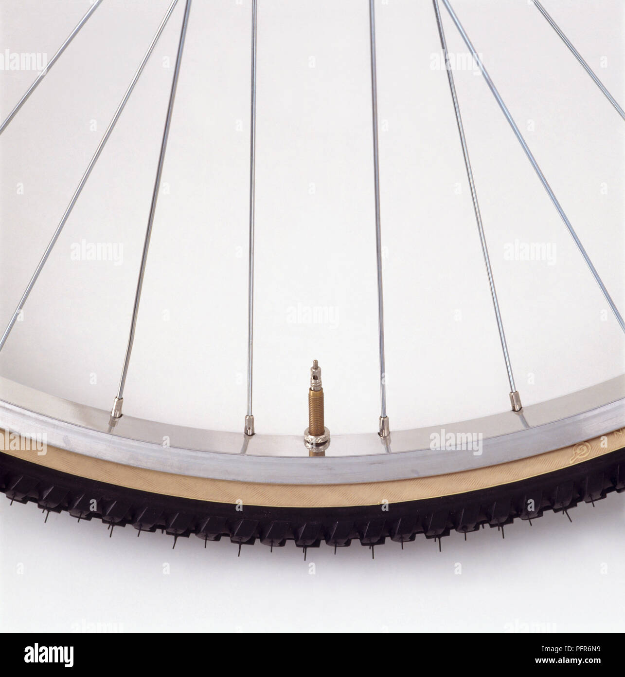 Mountain bike wheel showing tire, spokes and air valve, close-up Stock ...