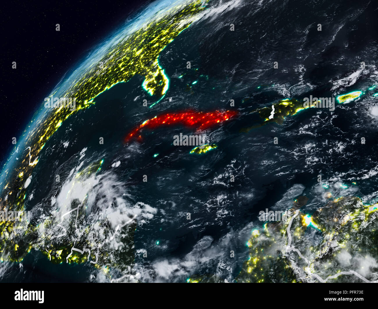 Cuba on planet Earth at night with visible country borders. 3D ...