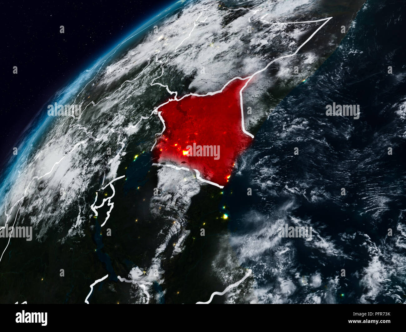 Kenya on planet Earth at night with visible country borders. 3D ...