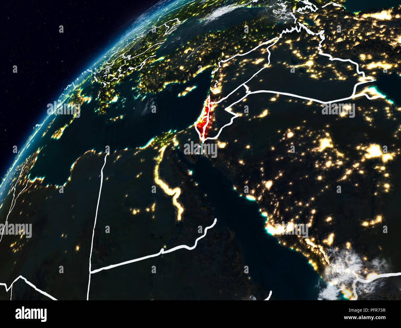 Israel on planet Earth at night with visible country borders. 3D ...