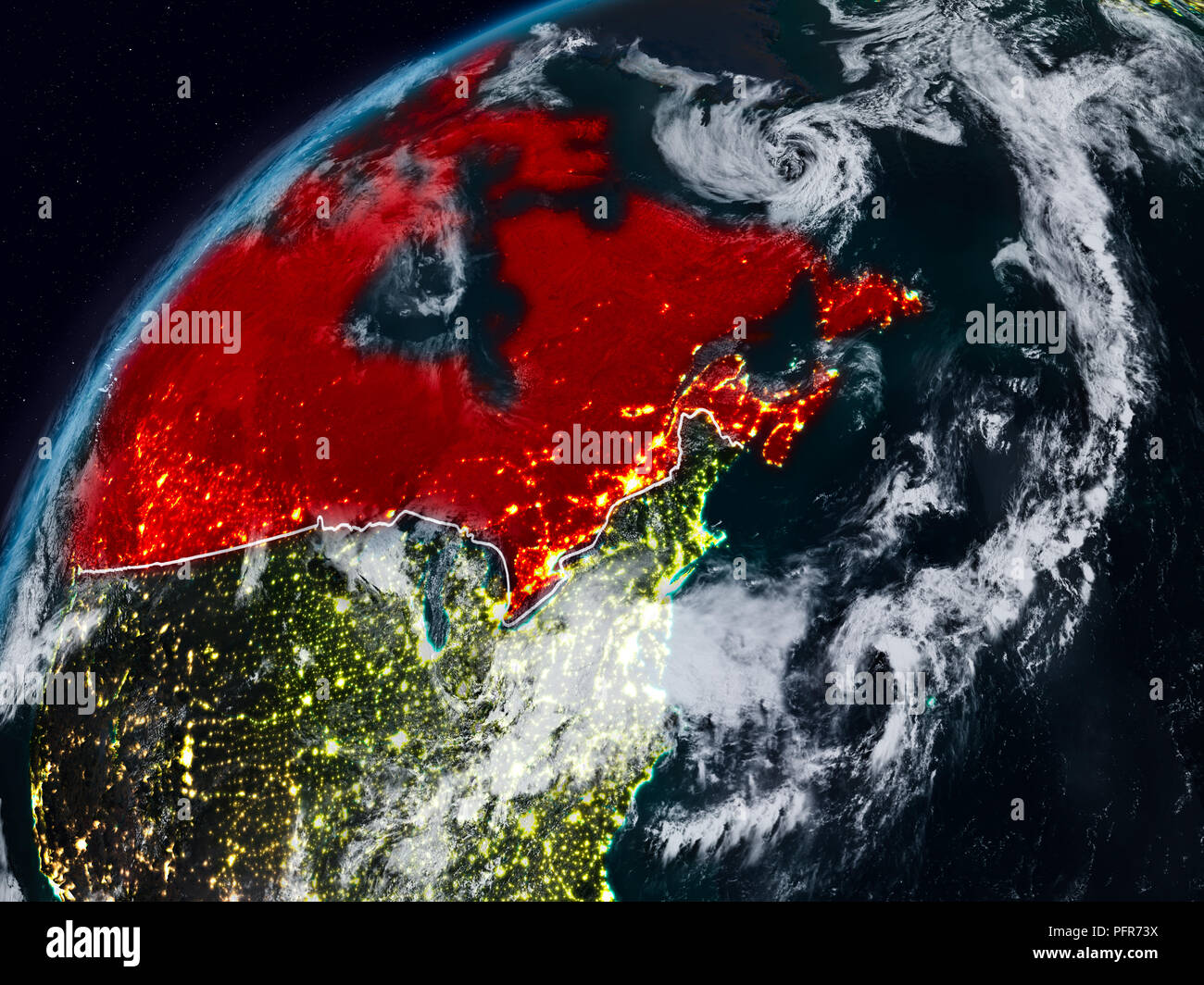 Canada on planet Earth at night with visible country borders. 3D ...