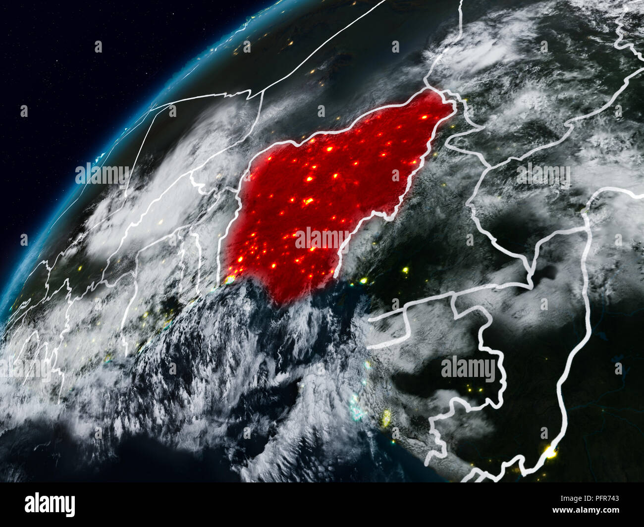 Nigeria on planet Earth at night with visible country borders. 3D ...