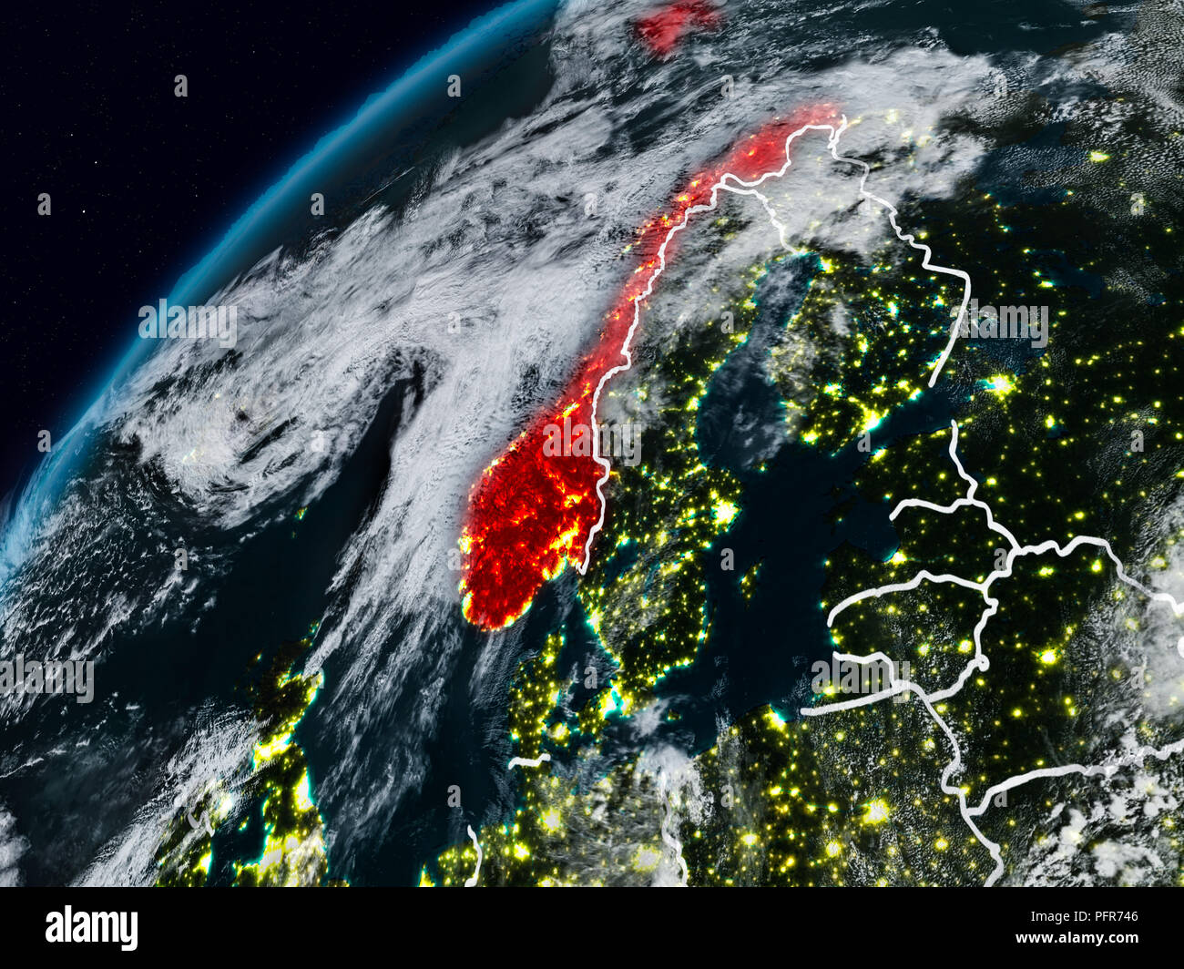 Norway on planet Earth at night with visible country borders. 3D ...