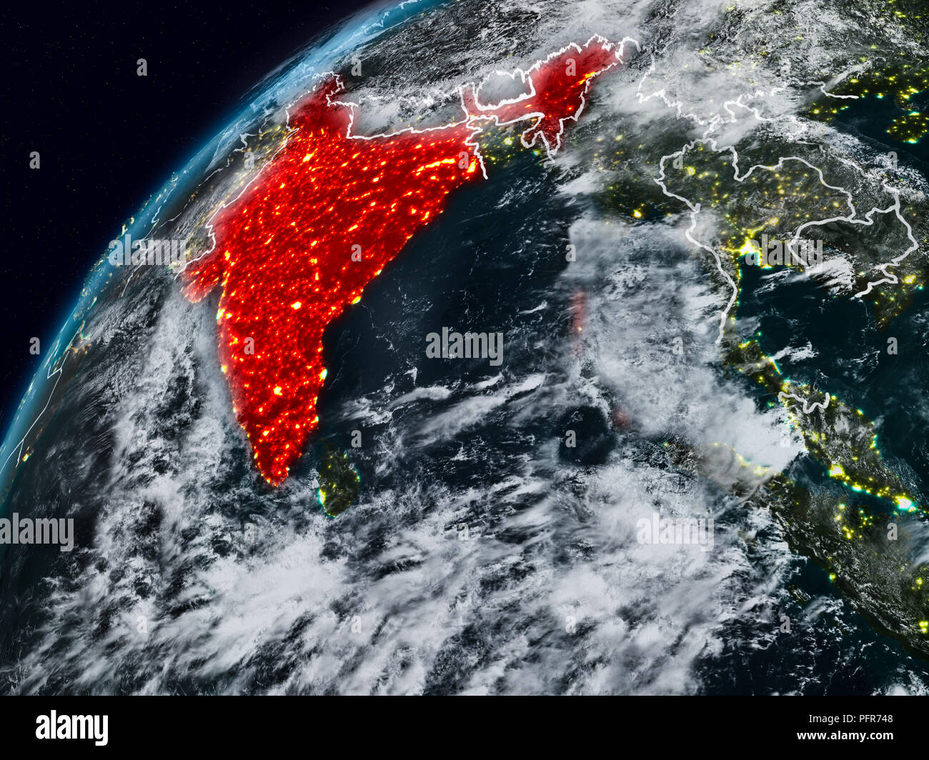 India on planet Earth at night with visible country borders. 3D ...