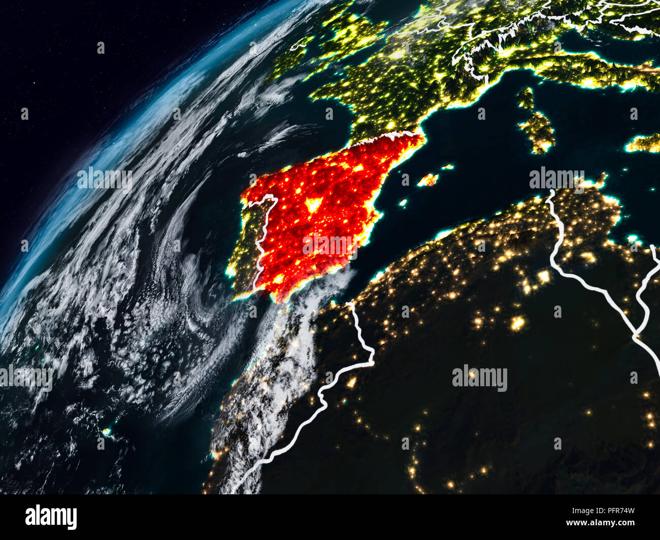 Spain on planet Earth at night with visible country borders. 3D ...