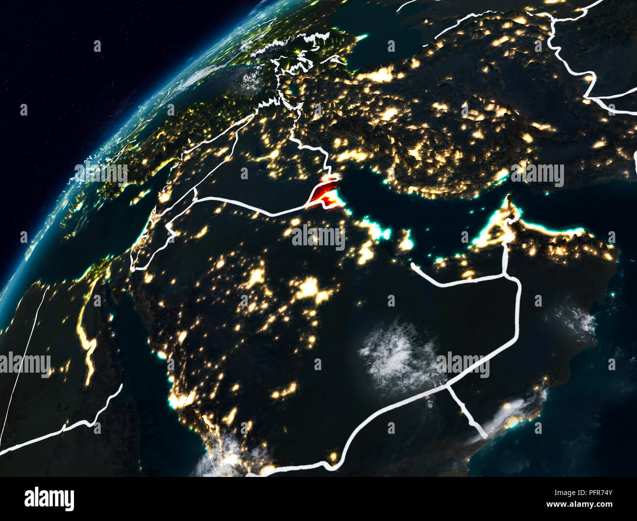Kuwait on planet Earth at night with visible country borders. 3D ...