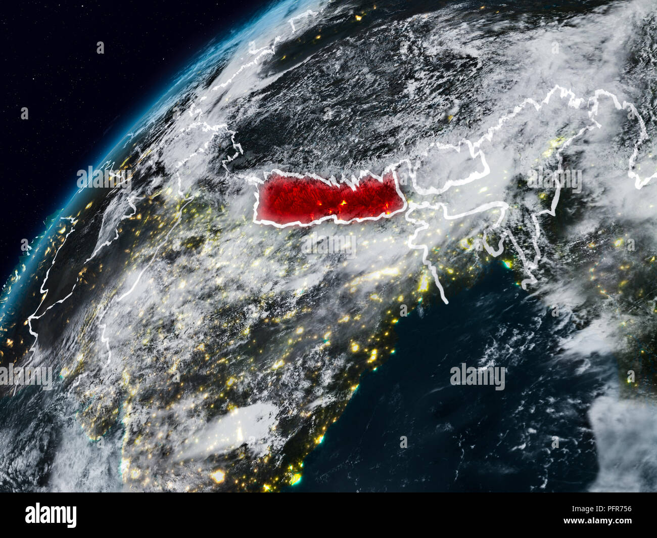Nepal on planet Earth at night with visible country borders. 3D ...