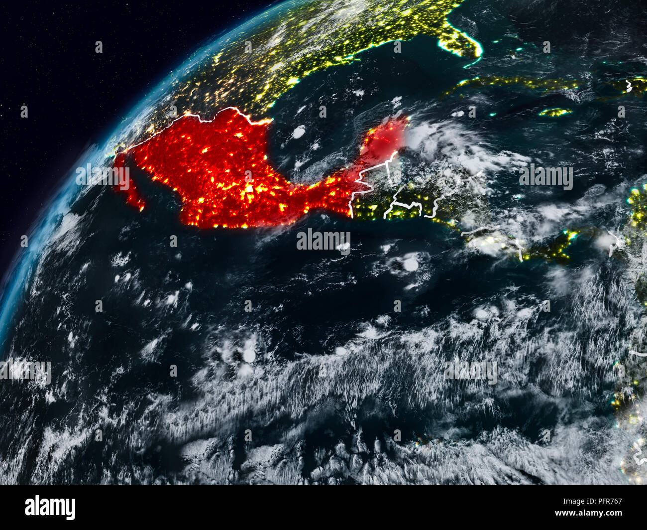 Mexico on planet Earth at night with visible country borders. 3D ...