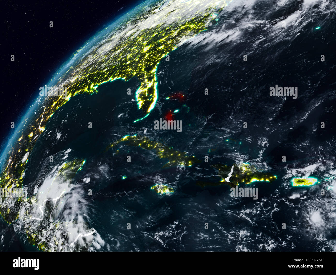 Bahamas on planet Earth at night with visible country borders. 3D ...