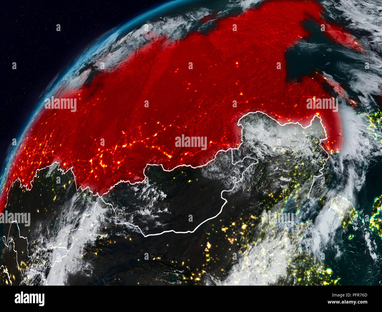 Russia on planet Earth at night with visible country borders. 3D ...