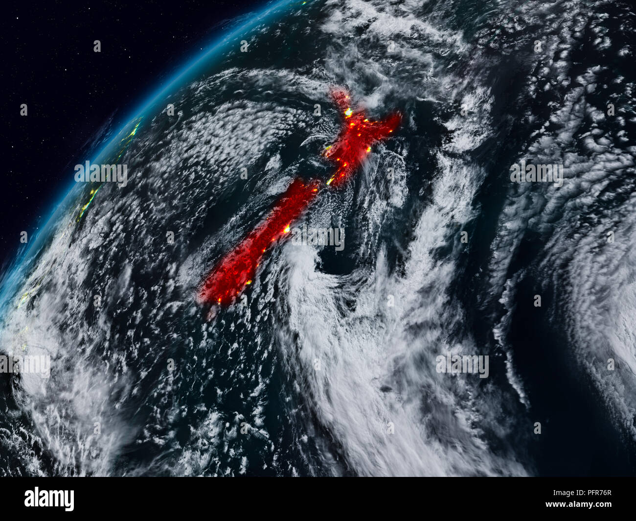 New Zealand on planet Earth at night with visible country borders. 3D ...