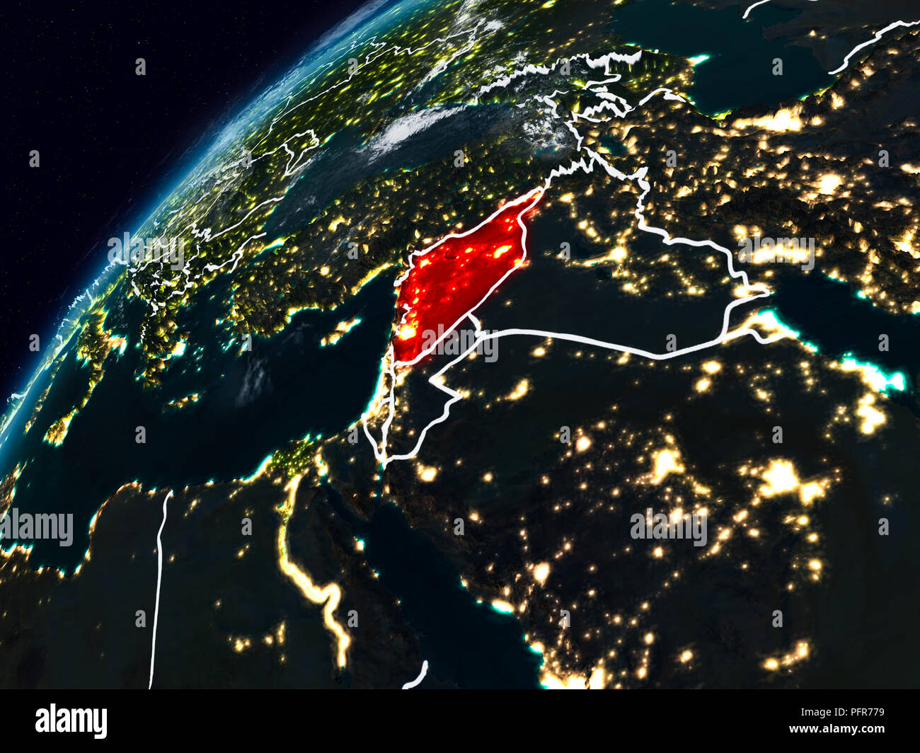 Syria on planet Earth at night with visible country borders. 3D ...