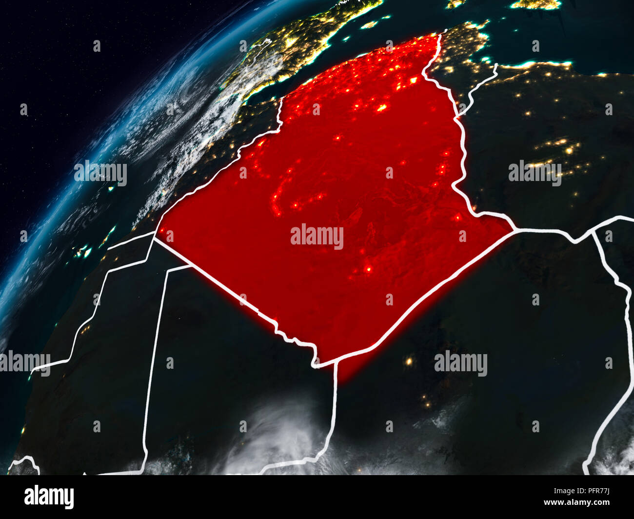 Algeria on planet Earth at night with visible country borders. 3D ...