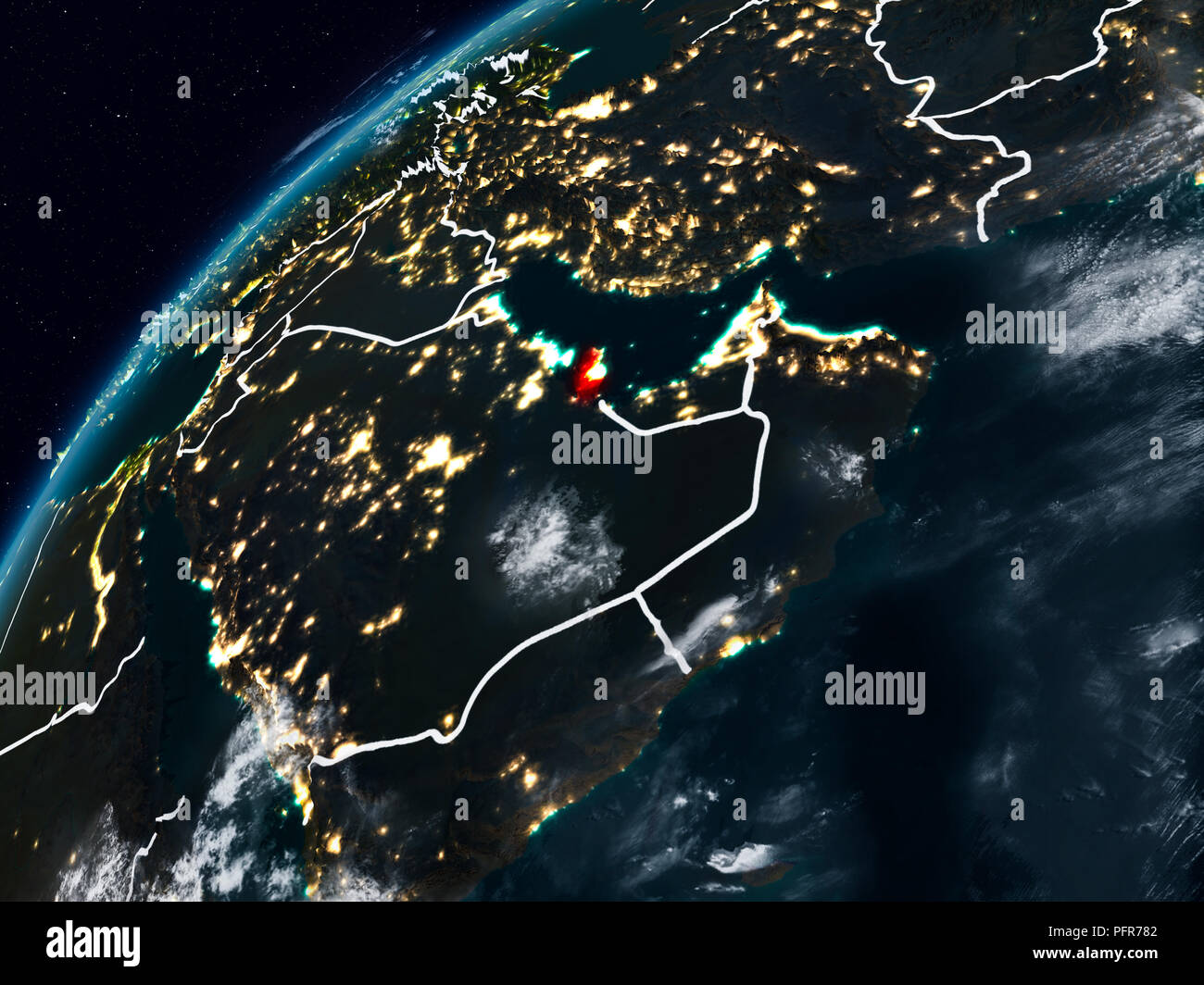 Qatar on planet Earth at night with visible country borders. 3D ...