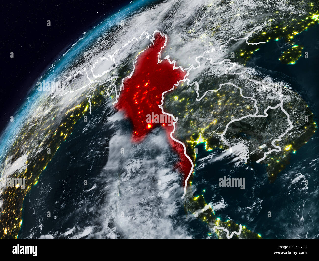 Myanmar on planet Earth at night with visible country borders. 3D ...