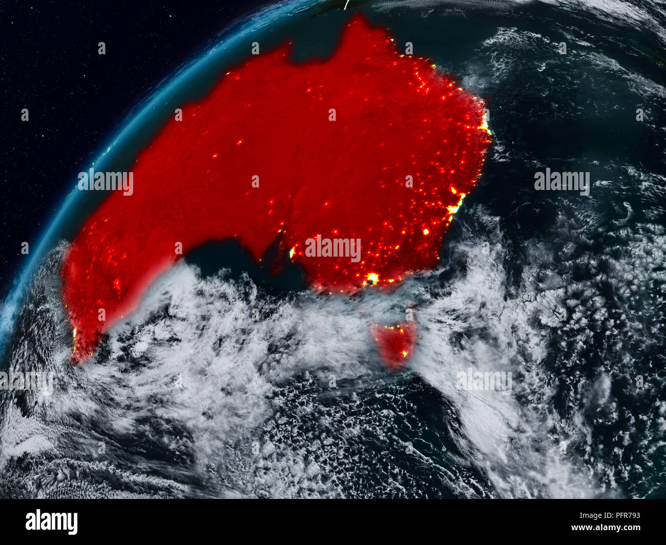 Australia on planet Earth at night with visible country borders. 3D ...