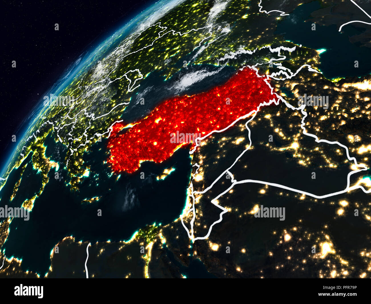 Turkey on planet Earth at night with visible country borders. 3D ...
