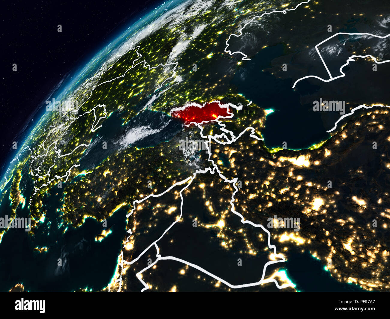 Georgia on planet Earth at night with visible country borders. 3D ...