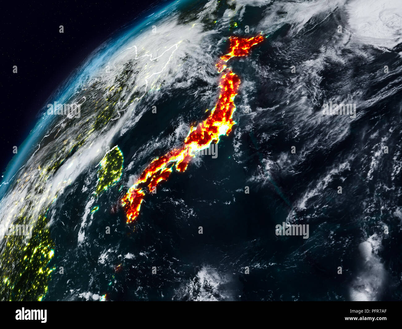 Japan on planet Earth at night with visible country borders. 3D ...