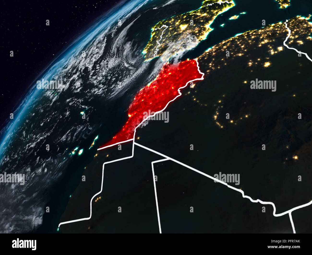 Morocco on planet Earth at night with visible country borders. 3D ...