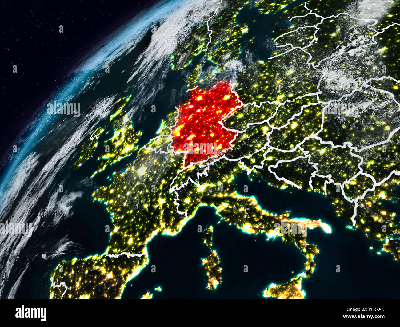 Germany on planet Earth at night with visible country borders. 3D ...