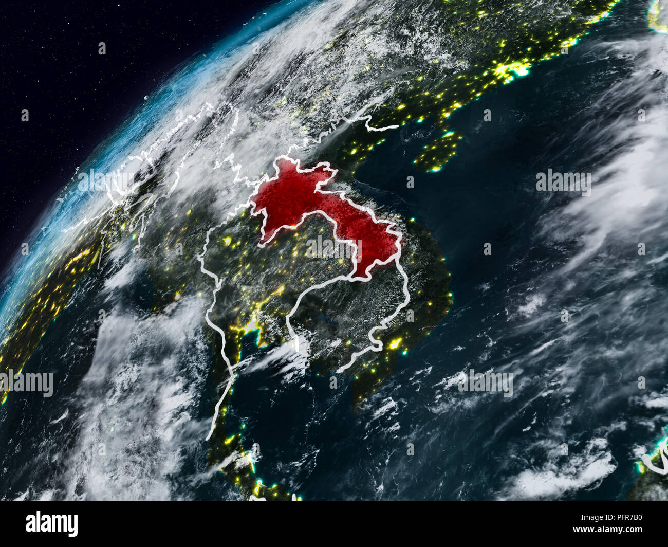 Laos on planet Earth at night with visible country borders. 3D ...