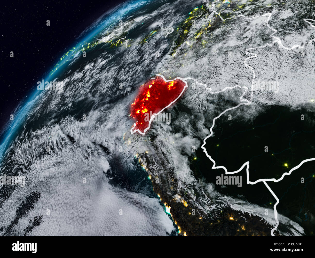 Ecuador on planet Earth at night with visible country borders. 3D ...