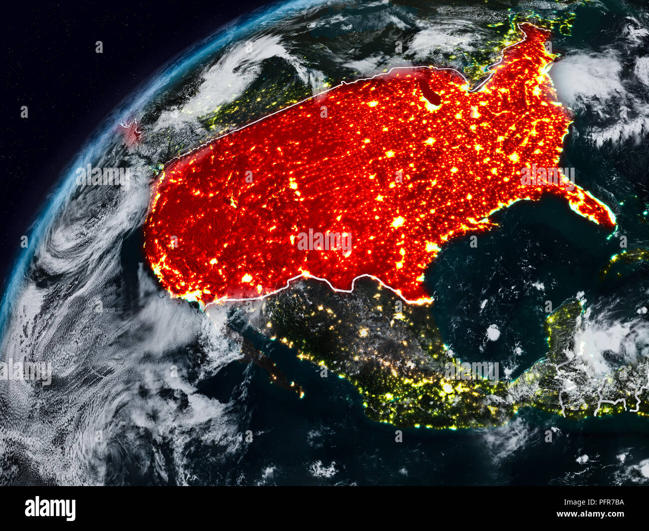 USA on planet Earth at night with visible country borders. 3D ...