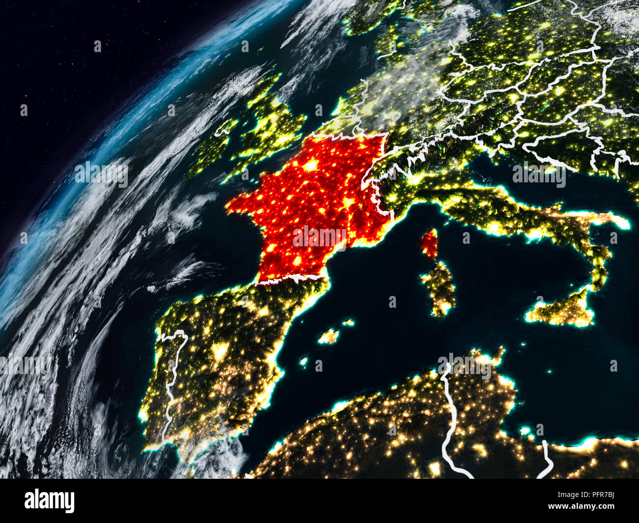 France on planet Earth at night with visible country borders. 3D ...