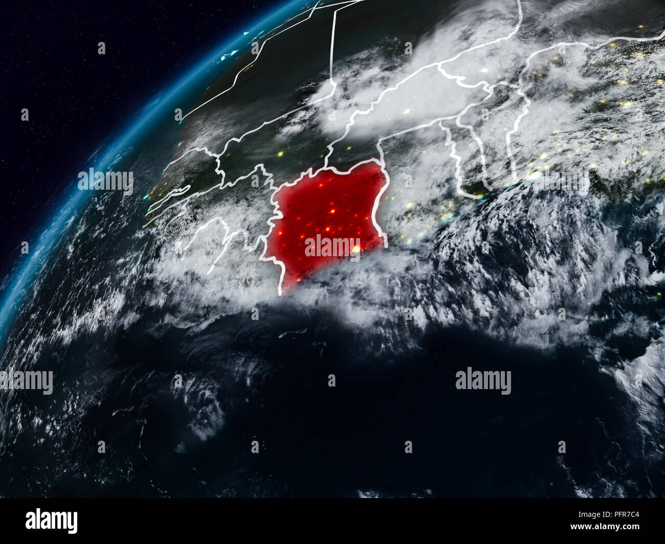 Ivory Coast on planet Earth at night with visible country borders. 3D ...