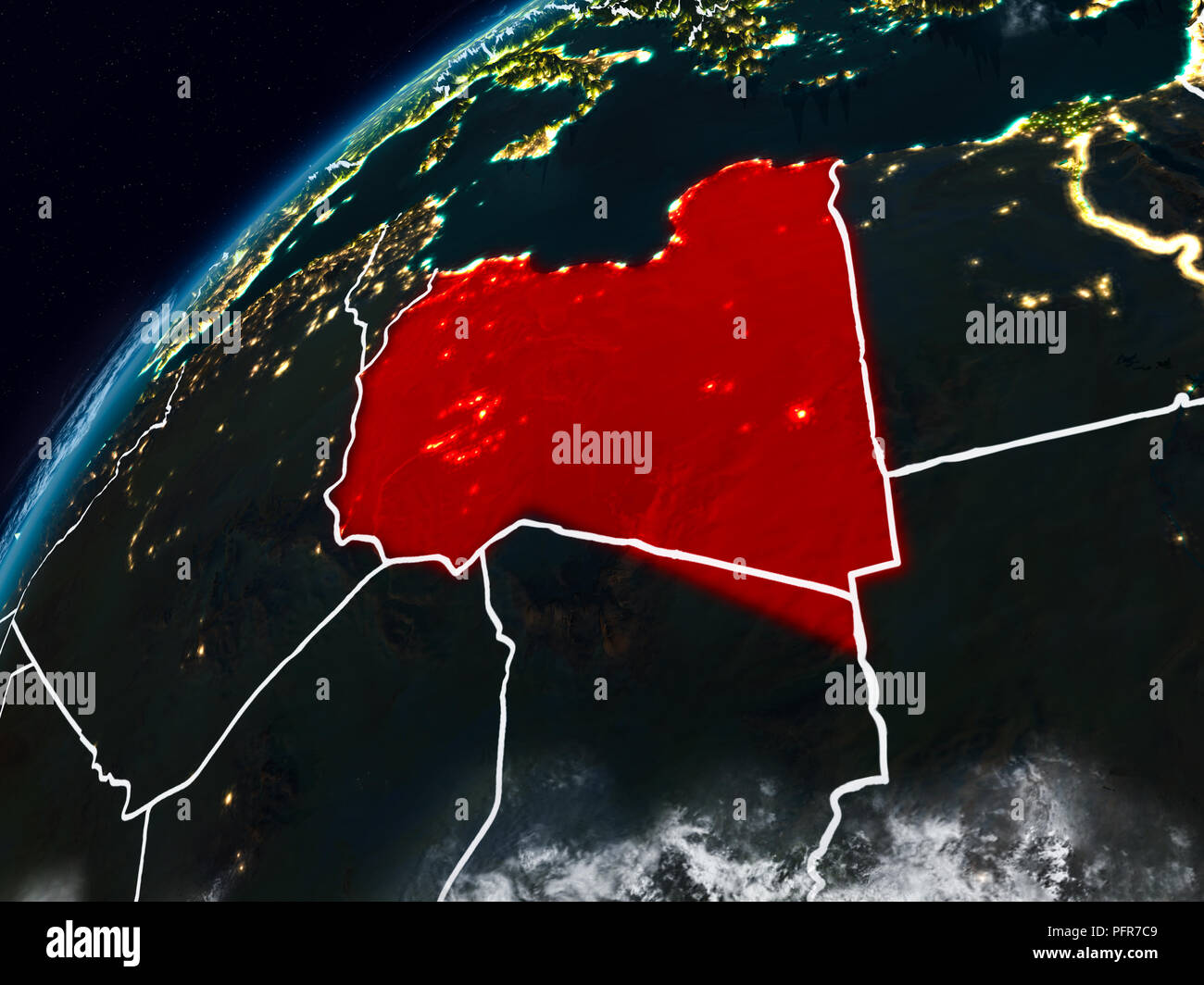 Libya on planet Earth at night with visible country borders. 3D ...