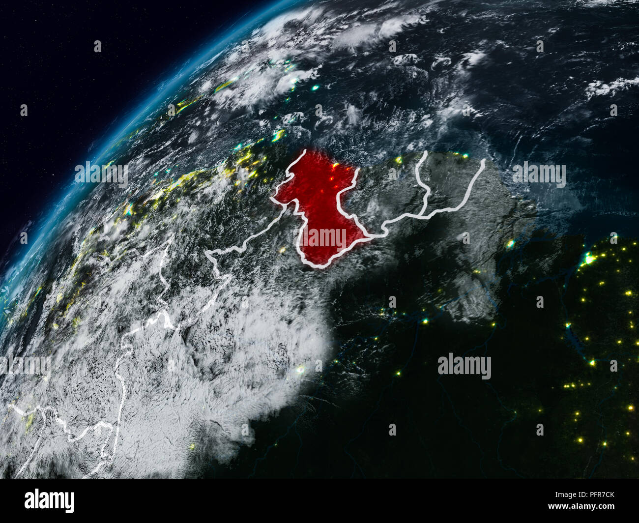 Guyana on planet Earth at night with visible country borders. 3D ...