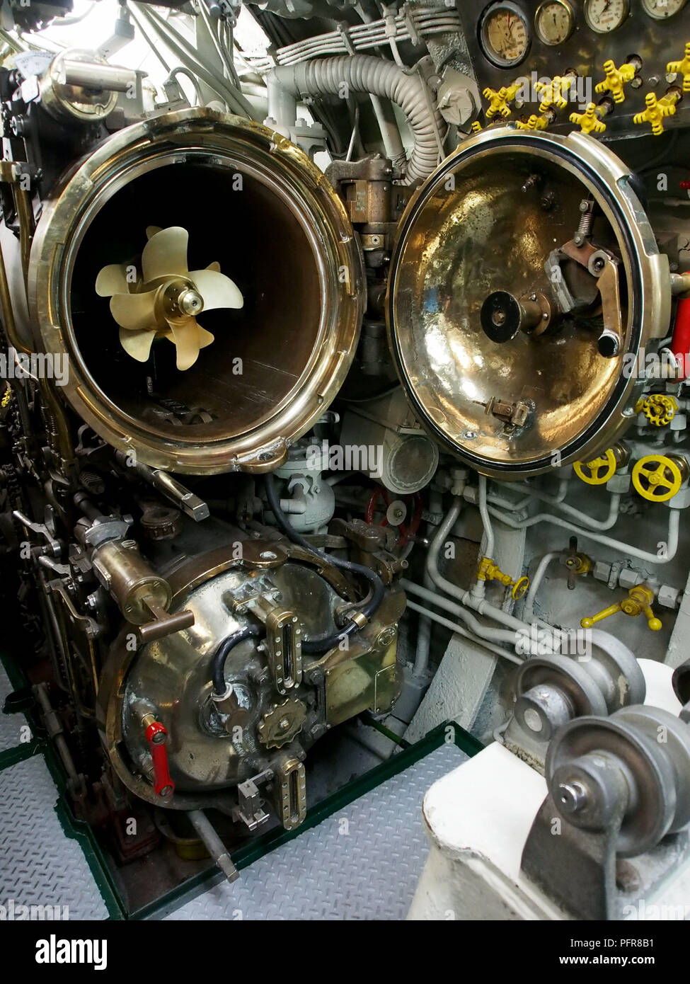 Inside view of the bow torpedo room in the BAP Abtao (SS-42) submarine of the Peruvian Navy. The ...