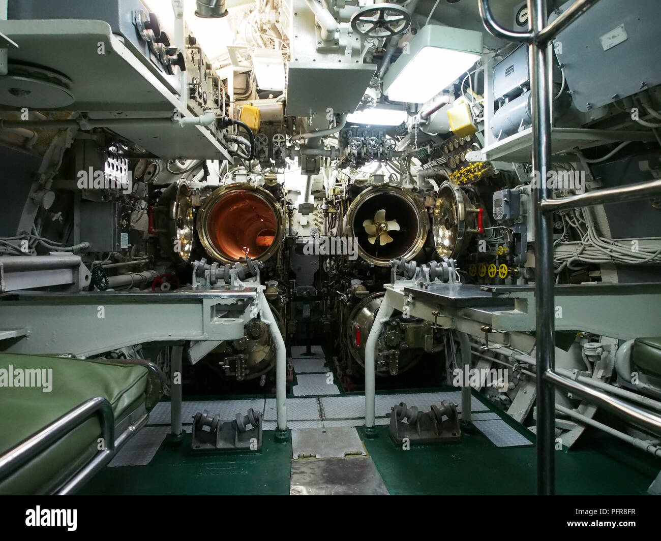 Inside view of the bow torpedo room in the BAP Abtao (SS-42) submarine ...