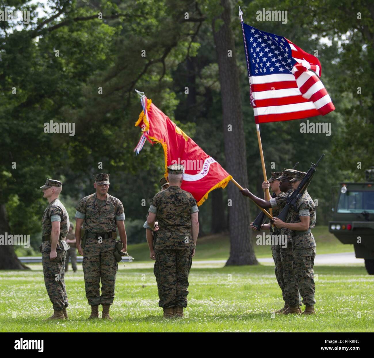 U.S. Marines with Marine Wing Support Group (MWSG) 27 uncase the ...