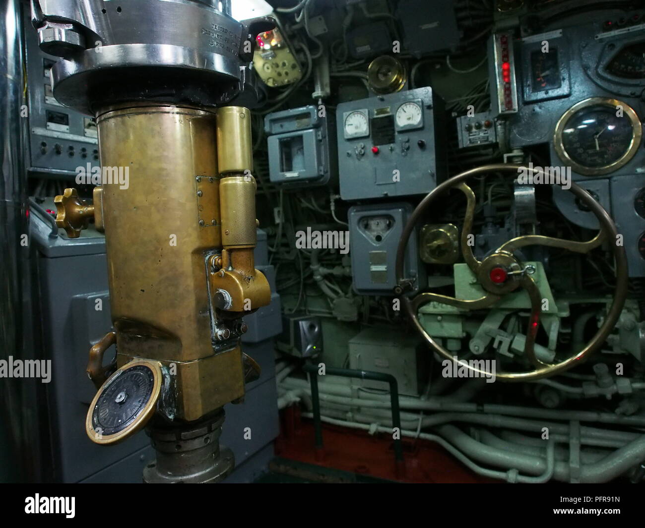Periscope in the control room of the BAP Abtao (SS-42) submarine of the ...