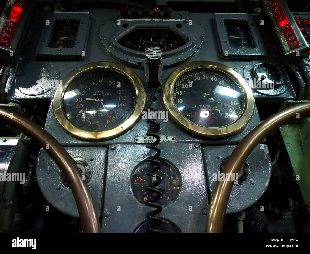 Instruments and depth rudders wheel in the control room of the BAP ...